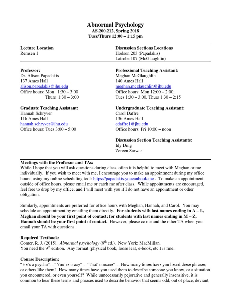 212 Abnormal Psychology Spring 2018 Syllabus | PDF | Psychopathology ...