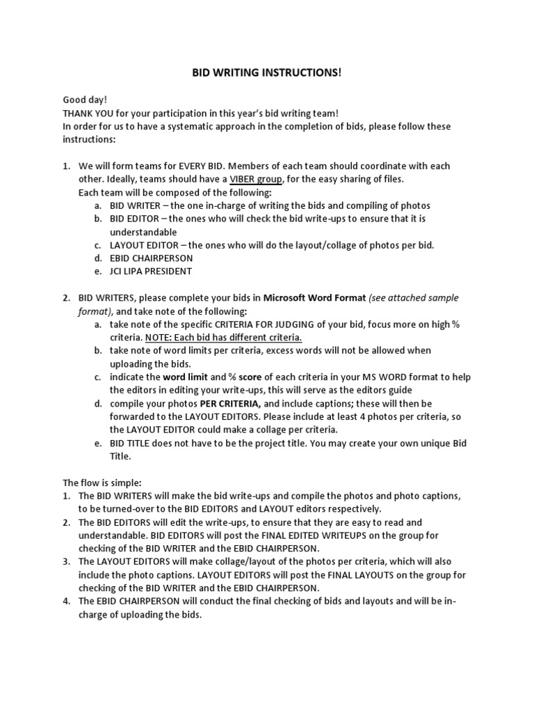 Bid Writing Instructions!: Format), and Take Note of The Following ...