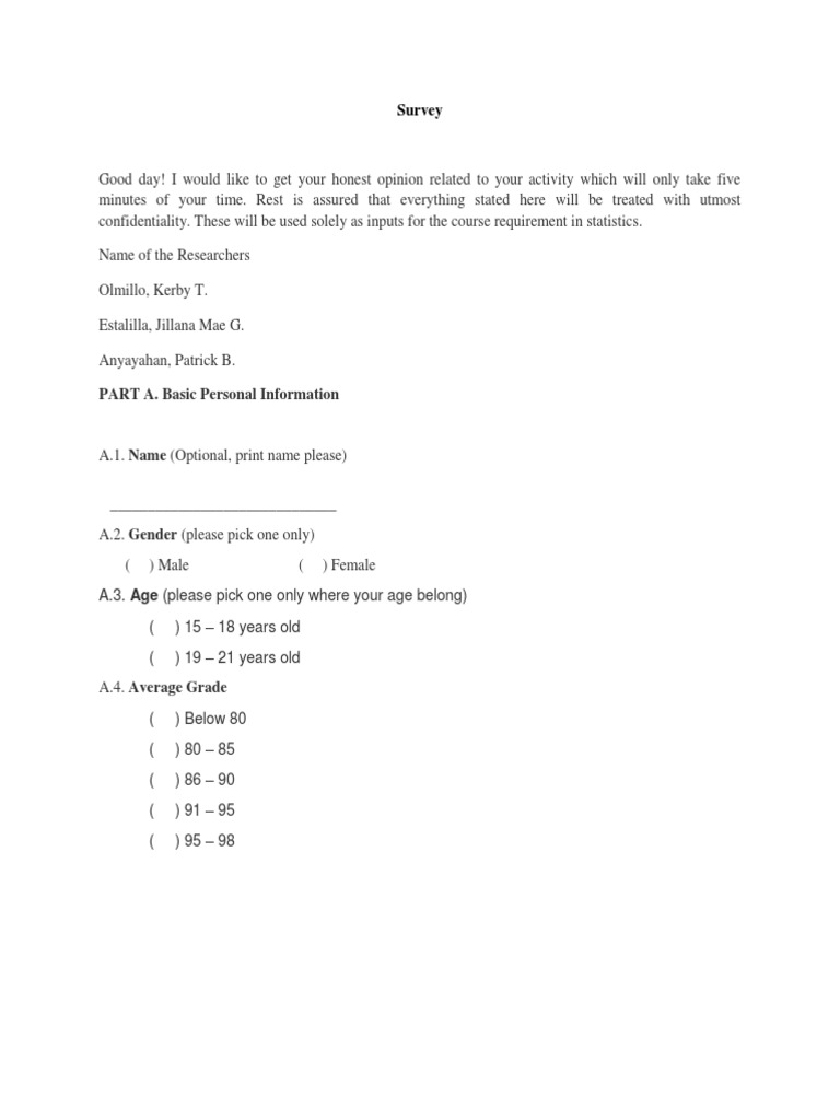 PART A. Basic Personal Information: Survey | PDF