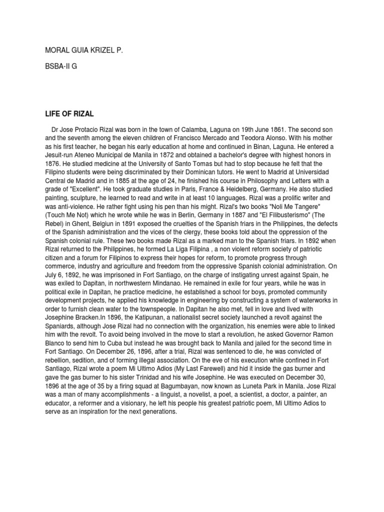 Moral Guia Krizel P. Bsba-Ii G: Life of Rizal | PDF | Philippines