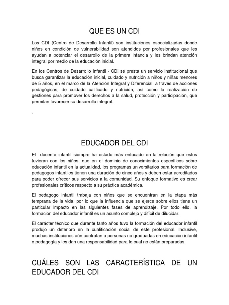 Que Es Un Cdi | PDF | Educación de la primera infancia | Sicología