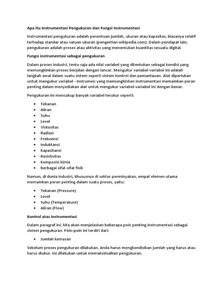 Fungsi Instrumentasi Sebagai Pengukuran | PDF | Teknologi & Rekayasa