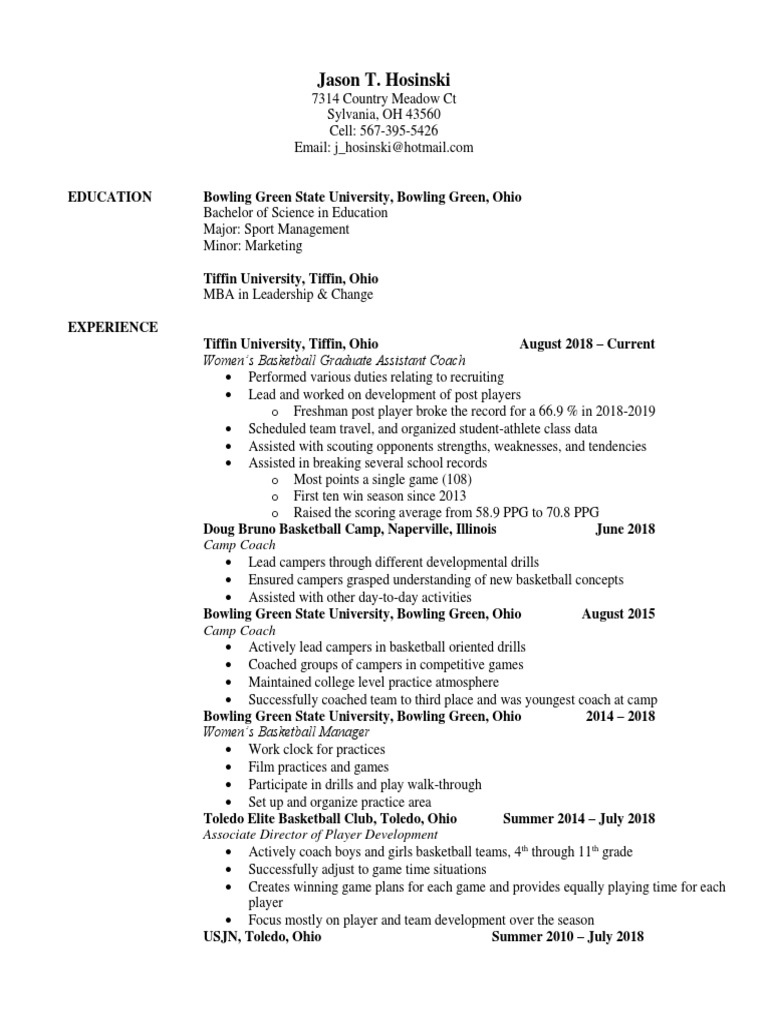 Jason Hosinski Resume | PDF | Sports | Leisure