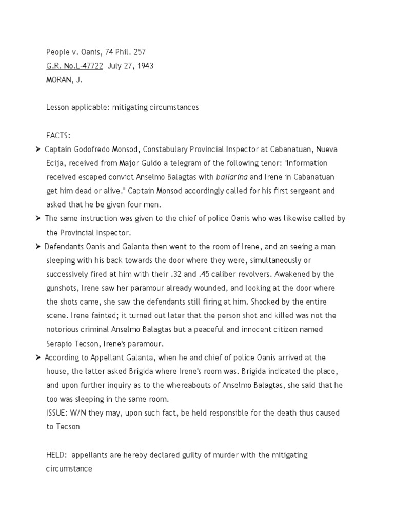 People Vs Oanis, 74, Phil. 257 | PDF | Crime & Violence | Crime Thriller