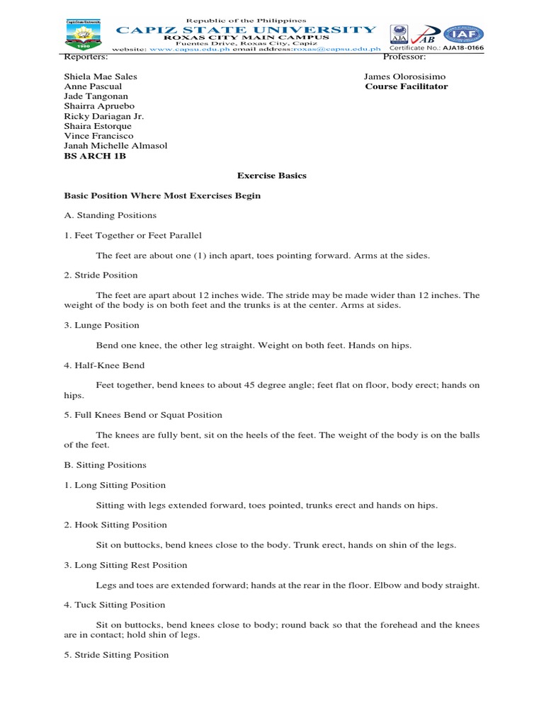 Basic Exercise Positions and Conditioning Exercises: A Guide for ...