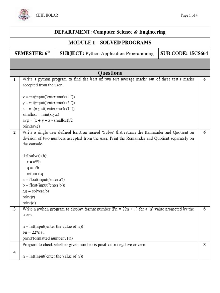 Department Computer Science And Engineering Module 1 Solved Programs Semester 6 Subject