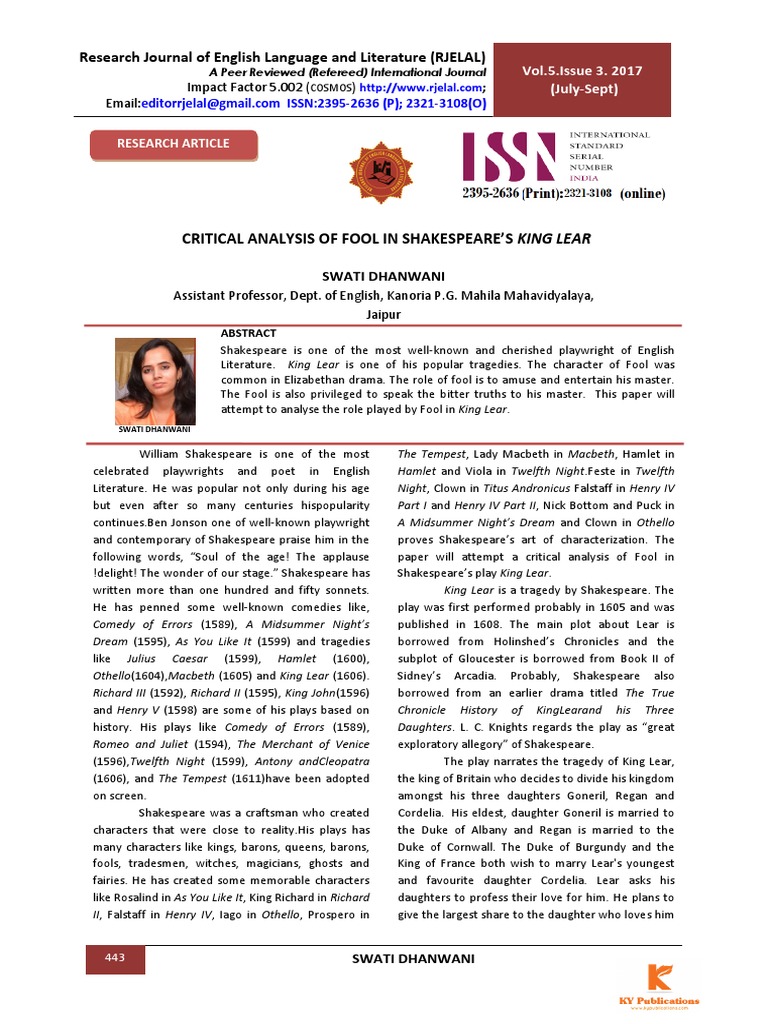 Critical Analysis of Fool in Shakespeare'S King Lear: Research Journal of English Language and ...