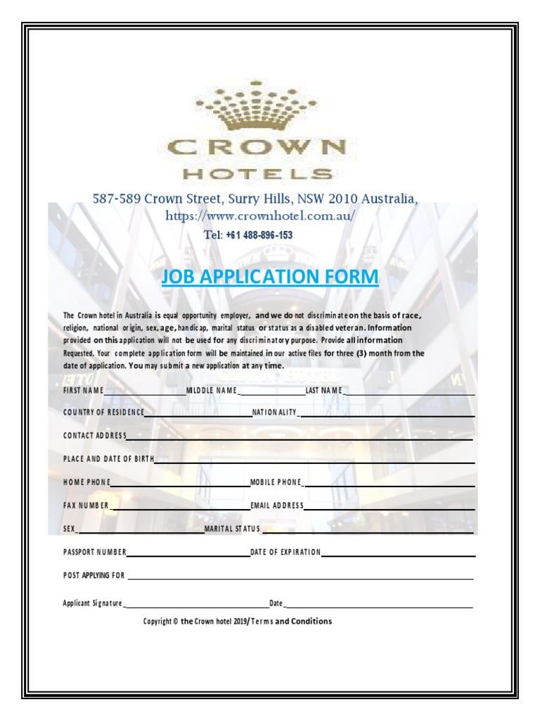 Crown Hotel Job Application & Interview Form PDF | PDF