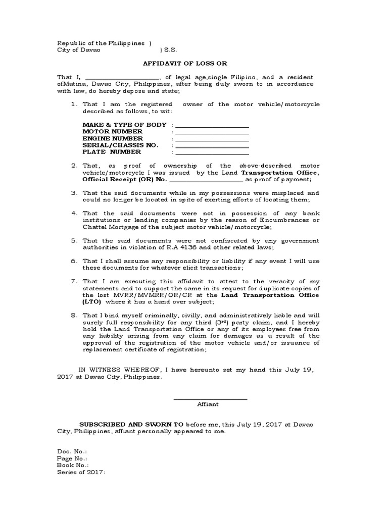 Affidavit of Loss Orcr Lto Form | Affidavit | Government Information
