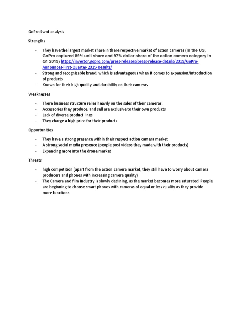 GoPro Swot Analysis | PDF | Swot Analysis | Business Economics