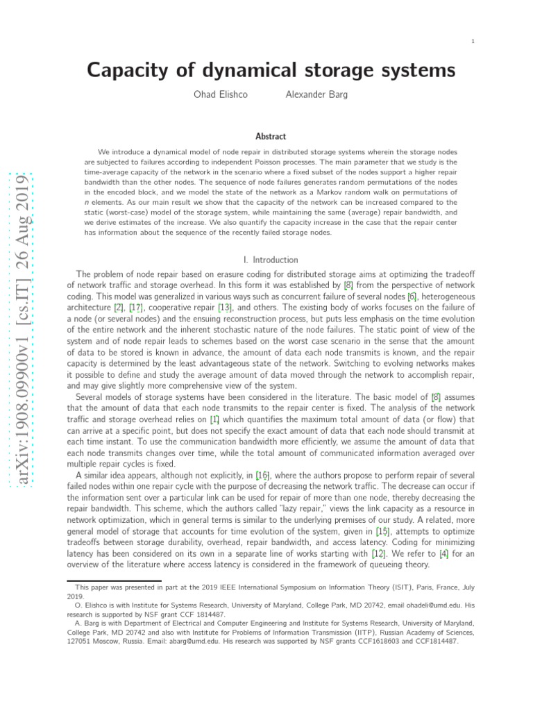Capacity of Dynamical Storage Systems: Ohad Elishco Alexander Barg | PDF | Markov Chain ...