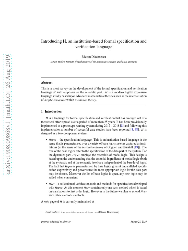 Introducing H, An Institution-Based Formal Specification and Verification Language | PDF | Model ...