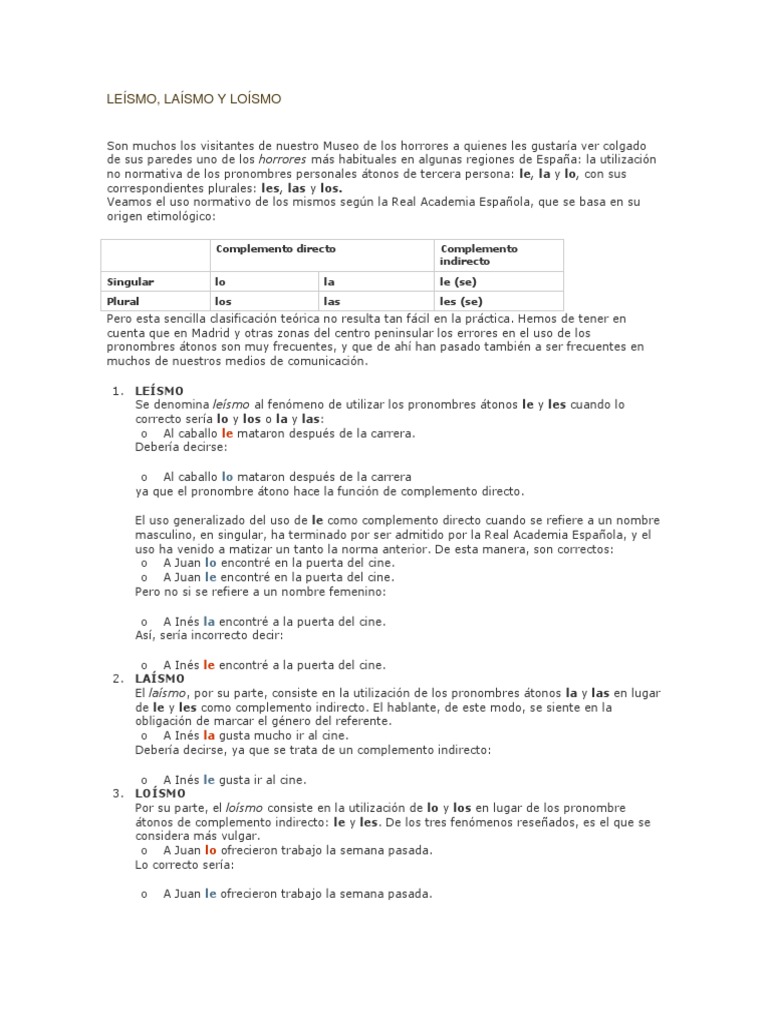 Leísmo, Laísmo, Loísmo | PDF | Mecánica del lenguaje | Morfología ...