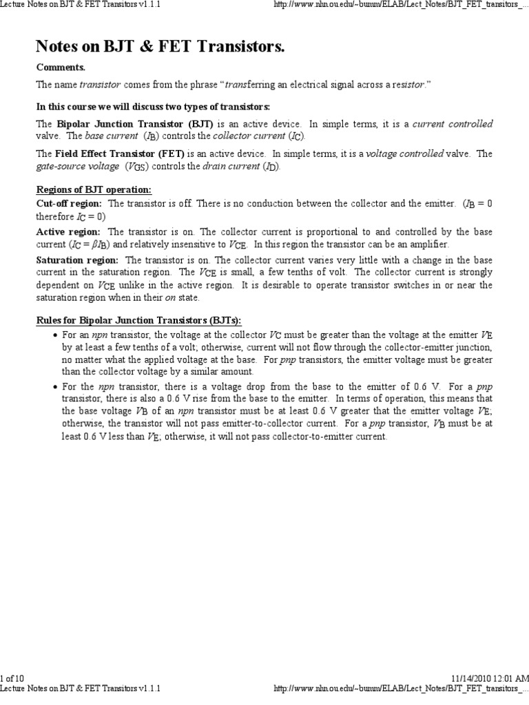 Lecture Notes On Bjt And Fet Pdf Field Effect Transistor Bipolar