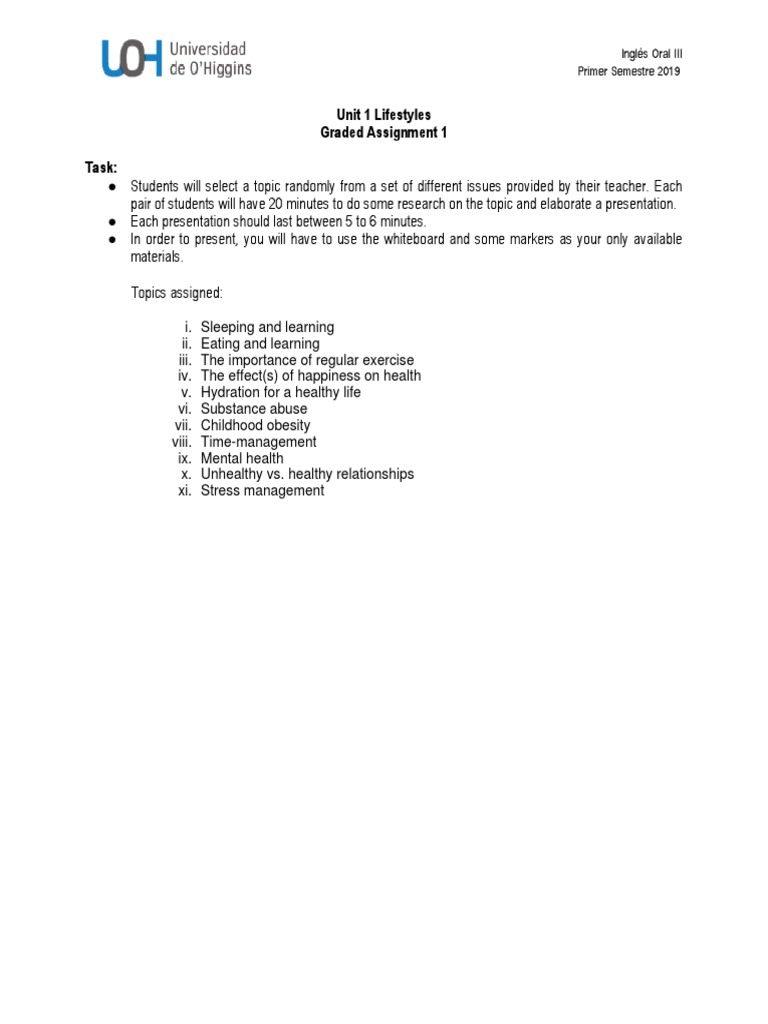 Unit 1 Lifestyles Graded Assignment 1 Task:: Inglés Oral III Primer ...