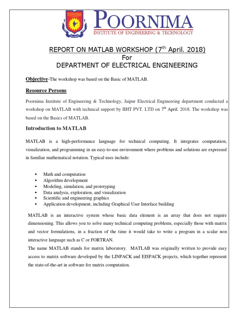 PIET MATLAB Workshop Report2018 | PDF | Matlab | Programming Language