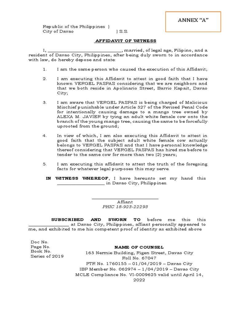 Affidavit of Witness Annex A | PDF | Affidavit | Public Law