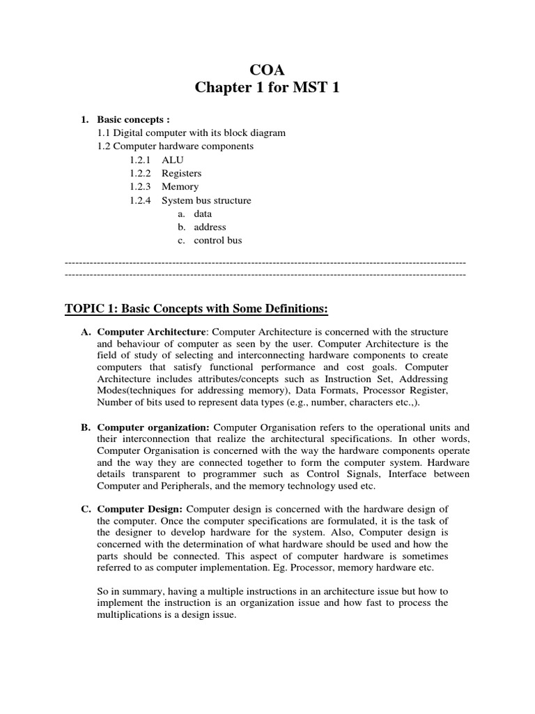 COA Chapter 1 Notes | PDF | Random Access Memory | Read Only Memory