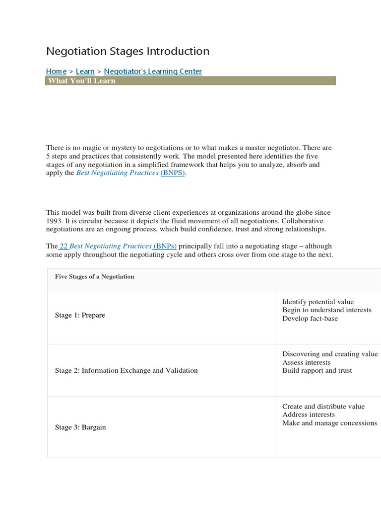 5 Stages Negotiation Process | PDF | Bargaining | Negotiation