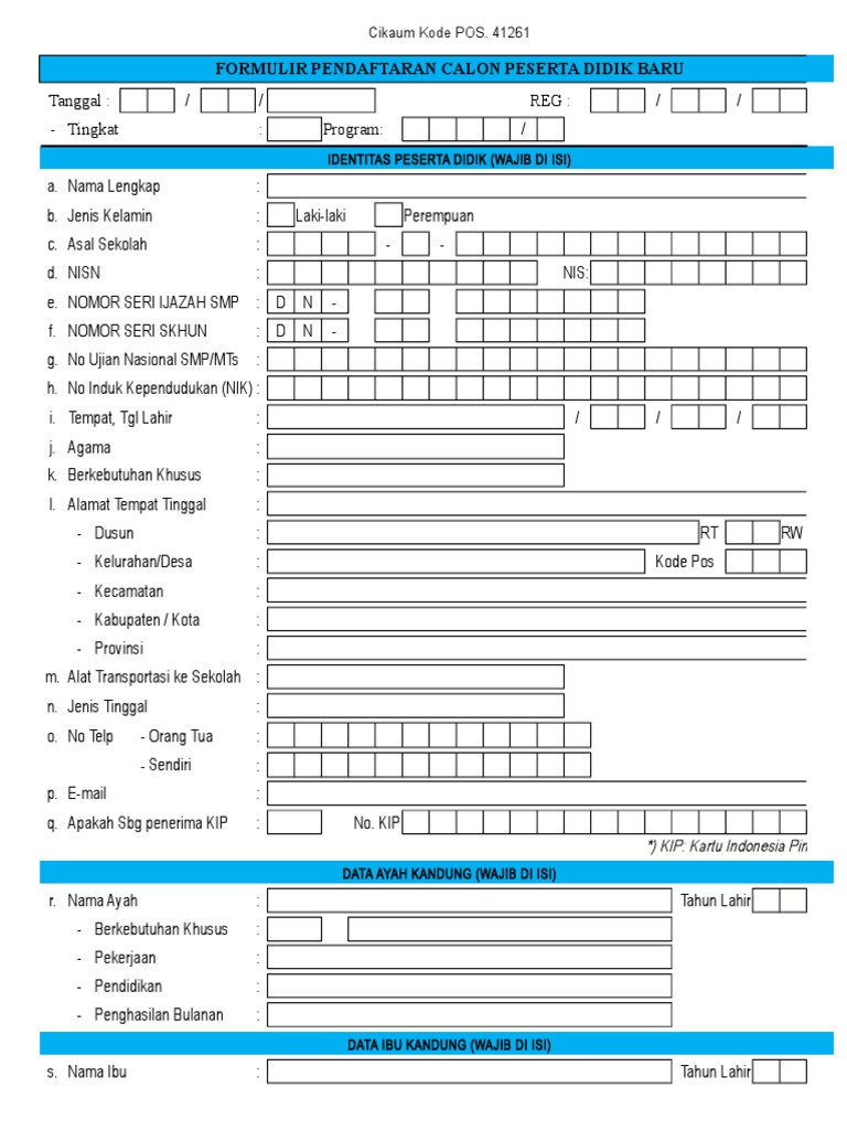 Formulir Pendaftaran Siswa SMP Al Wustho - 2019 | PDF