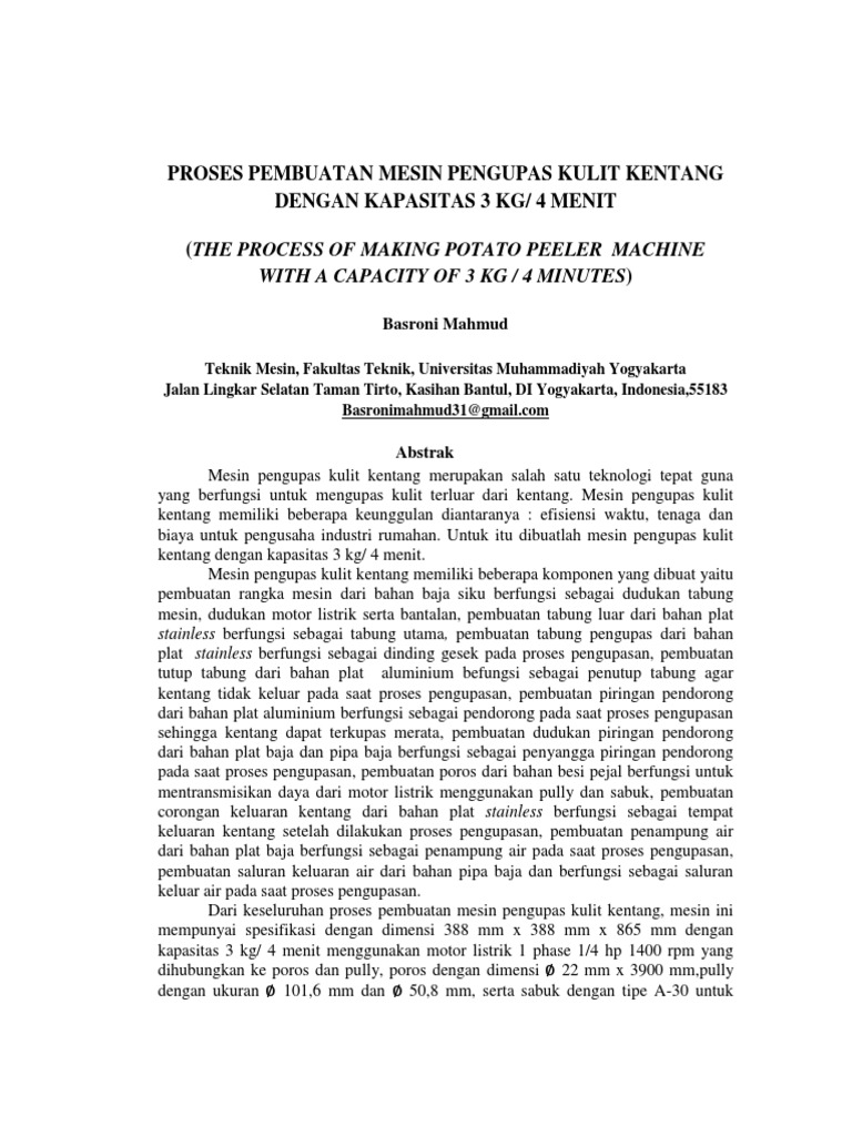 Jurnal Proses Pembuatan Mesin Pengupas Kulit Kentang Dengan Kapasitas 3 ...