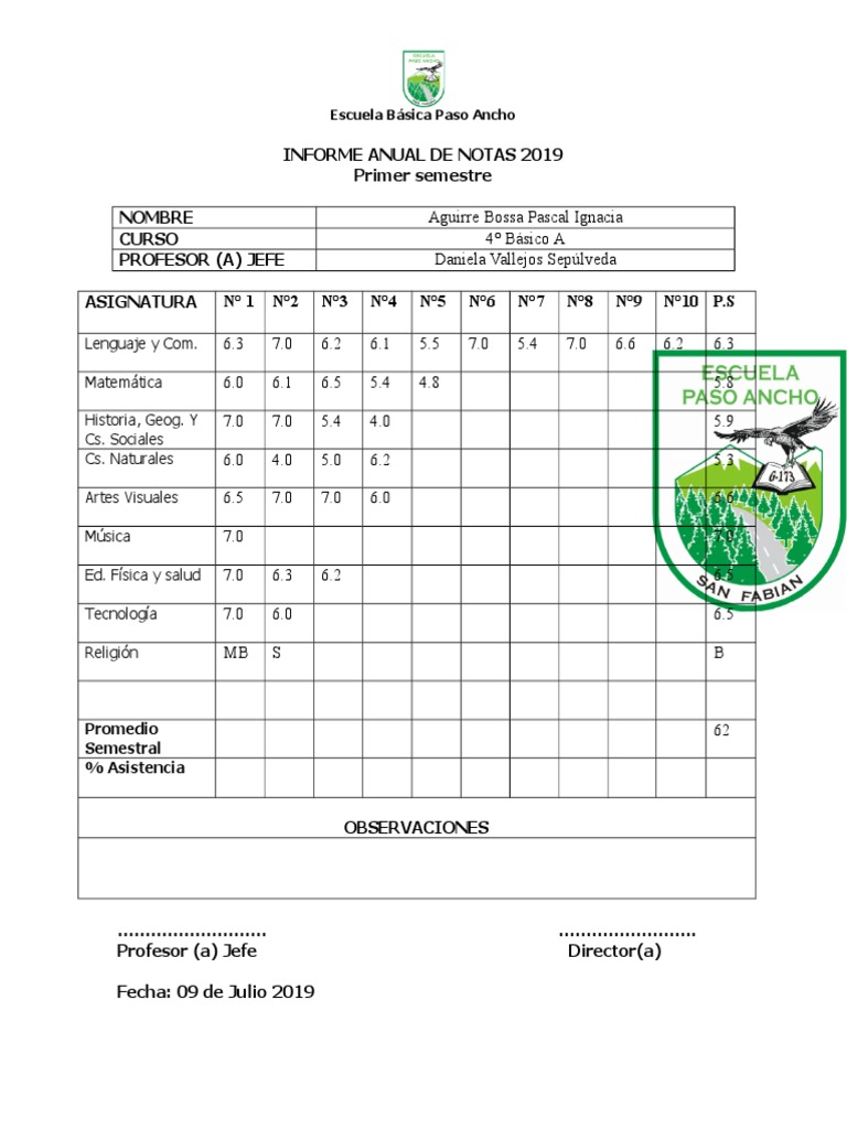 Informe De Notas Primer Semestre Pdf Conceptos Psicologicos