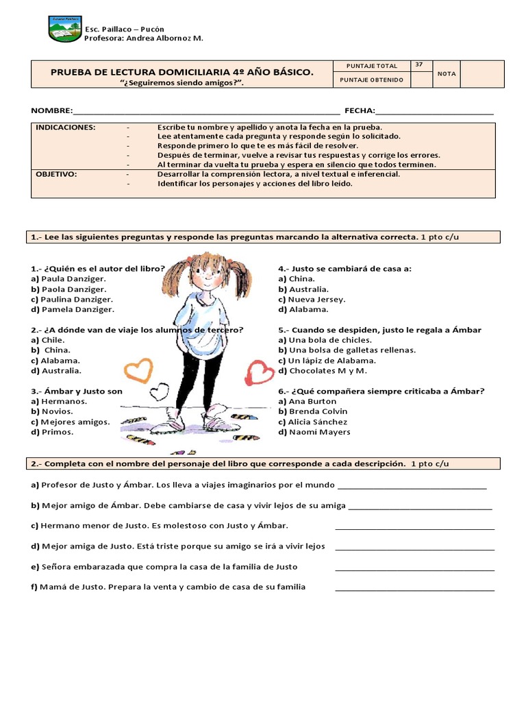 Prueba Comprensión Lectora 4º Básico | PDF