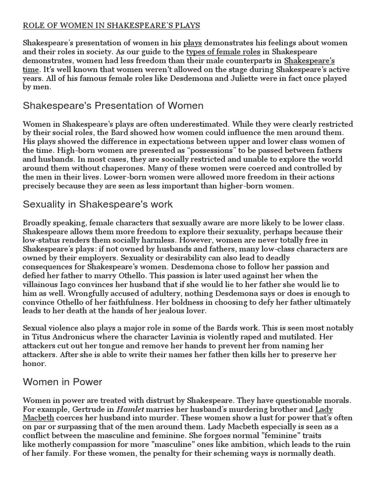Women in Shakespeare's Plays: Roles & Impact | PDF | William ...
