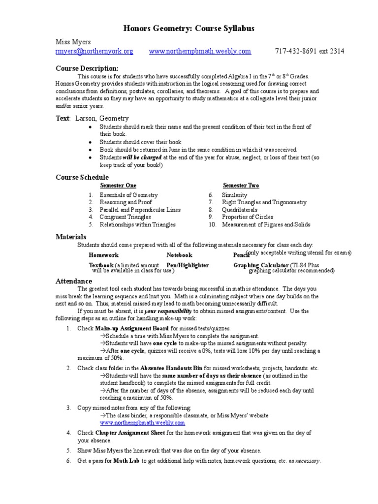 Syllabus - Honors Geometry | PDF | Homework | Geometry
