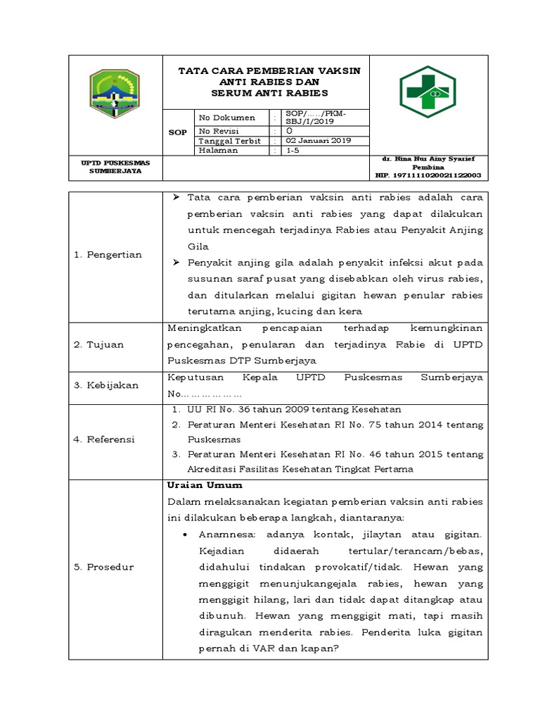 Sop Tata Cara Pemberian Vaksin Dan Serum Anti Rabies | PDF