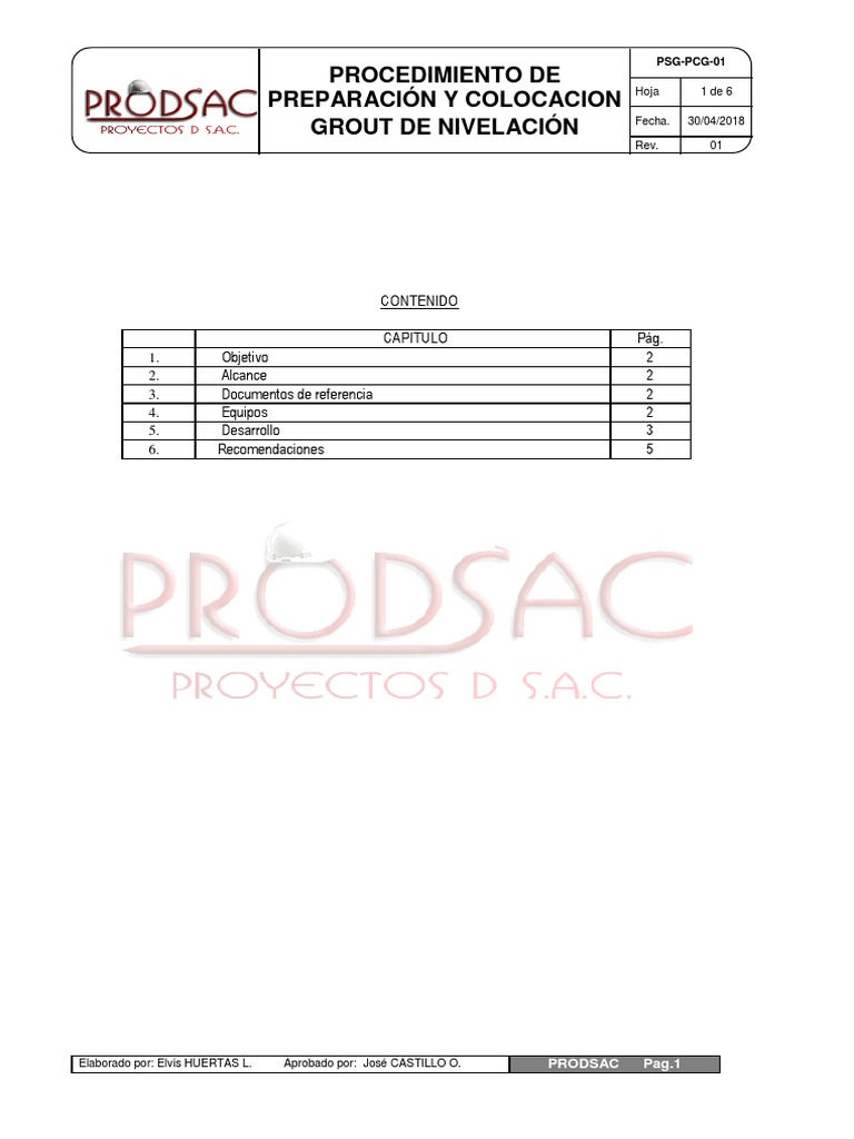 Procedimiento de Preparacion y Colocacion de Grout de Nivelacion | PDF | Agua | Hormigón