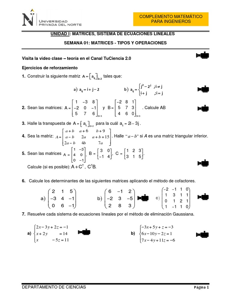 HT01 Matrices Tipos y Operaciones | PDF | Determinante | Matriz ...