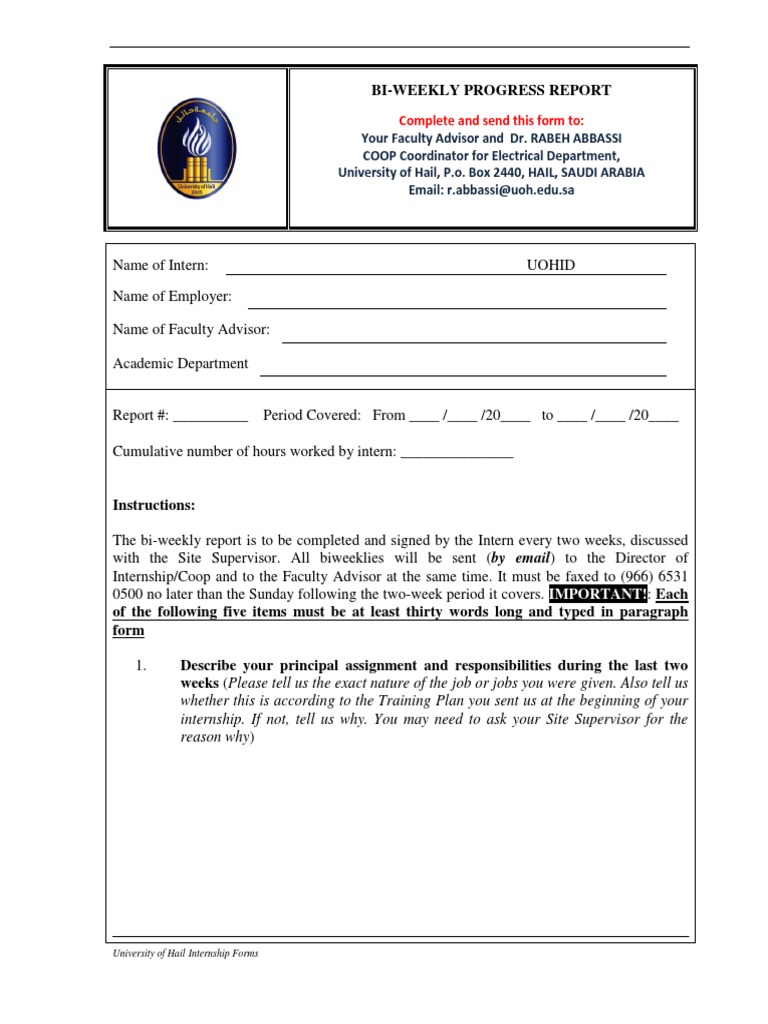 Bi-Weekly Internship Progress Report | PDF | Internship | Job Hunting