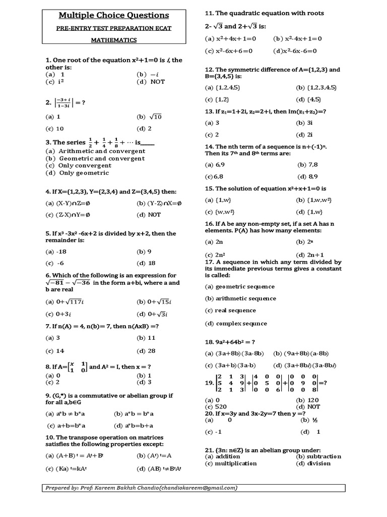 ECAT MATHS MCQs PDF | PDF | Group (Mathematics) | Numbers