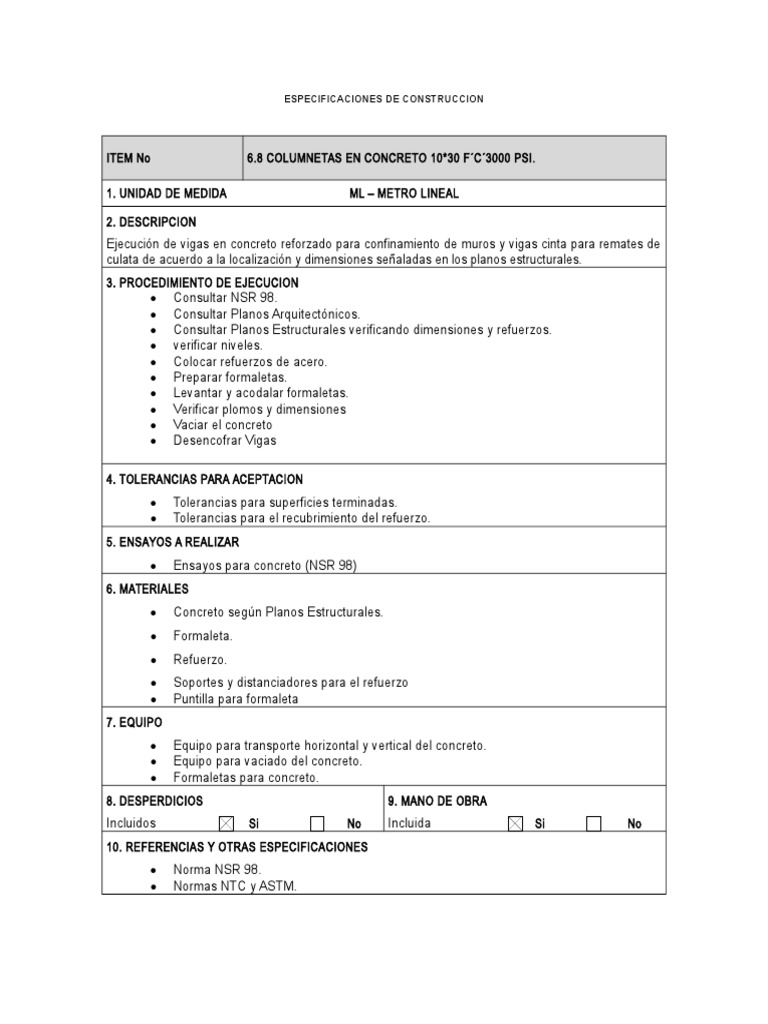 Columnetas en Concreto 1030 F C 3000 Psi. | PDF