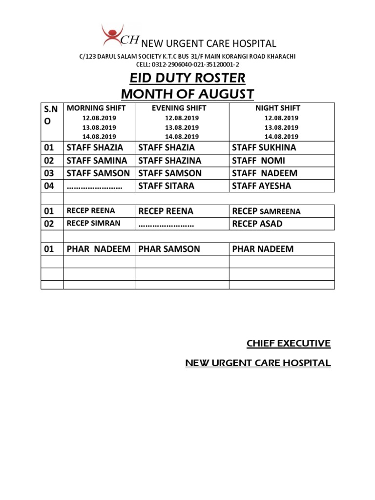 Eid Duty Roster for Hospital Staff | PDF