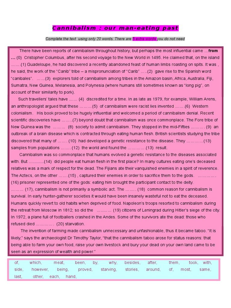 Cannibalism-Reading Comprehension and Gapfilling With Key | PDF