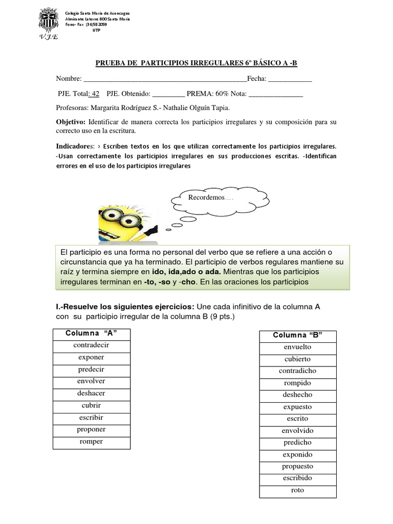 Prueba de Participios Irregulares 6º Básico A | PDF | Verbo | Sintaxis