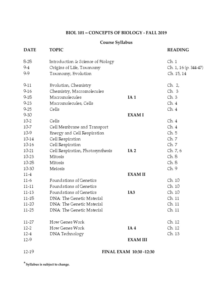 BIOL 101 Concepts of Biology - Fall 2019 Course Syllabus Date Topic ...
