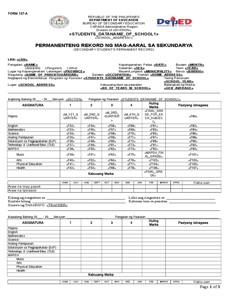 DATABASE FORM 137 Junior (1st Year Advisers) .Genliw | PDF