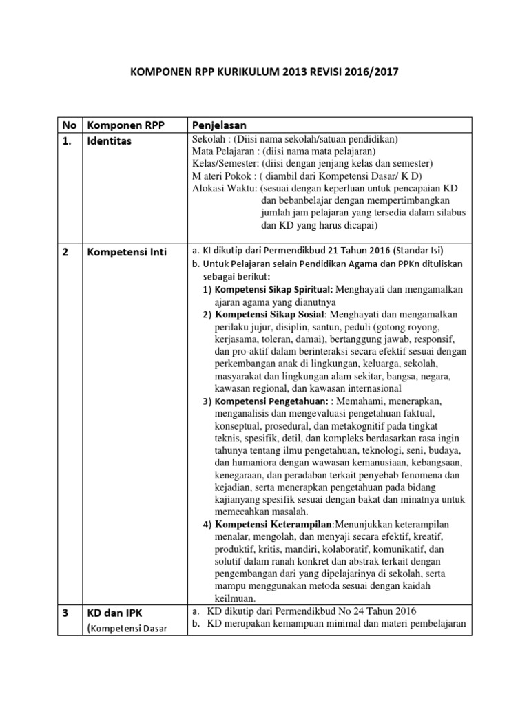 Komponen RPP k13 Revisi 2016 | PDF | Karier & Perkembangan