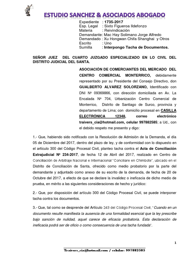 Interposición de tacha de documentos en proceso de reivindicación | PDF | Competencia (ley ...
