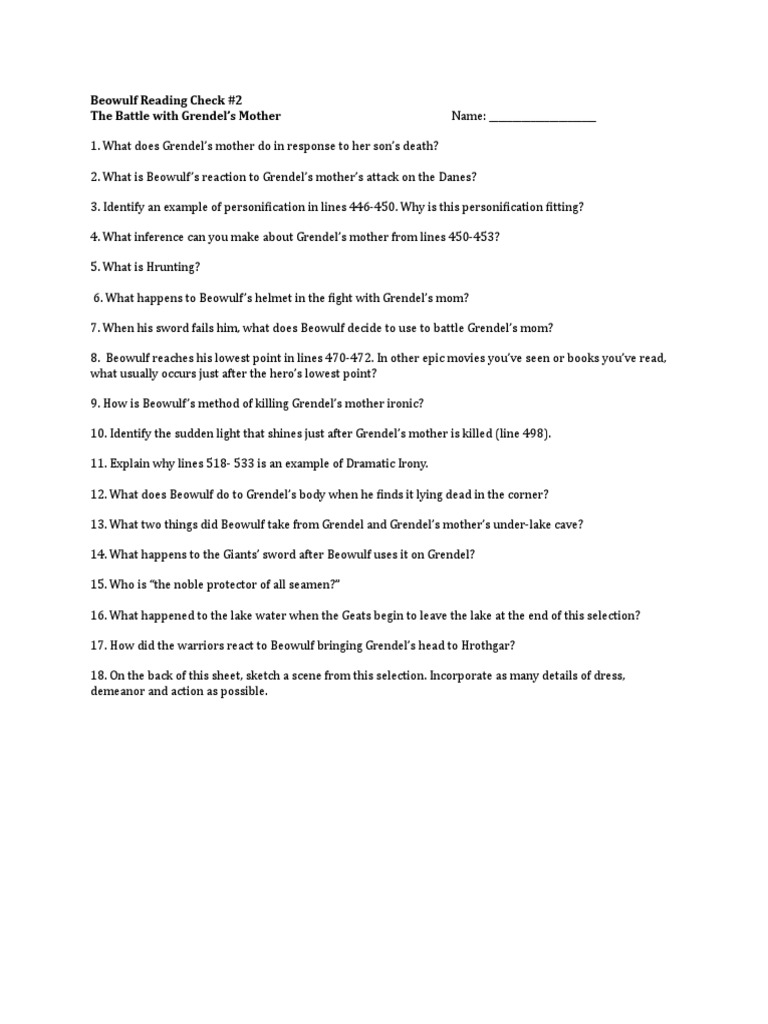 Beowulf Battle With Grendel Reading Check With Answer Guide | PDF ...