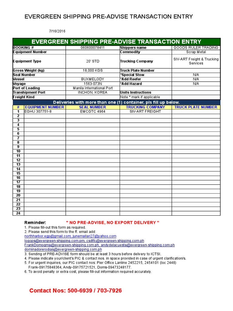 Evergreen Shipping Pre-Advise Transaction Entry | PDF | Cargo | Water ...
