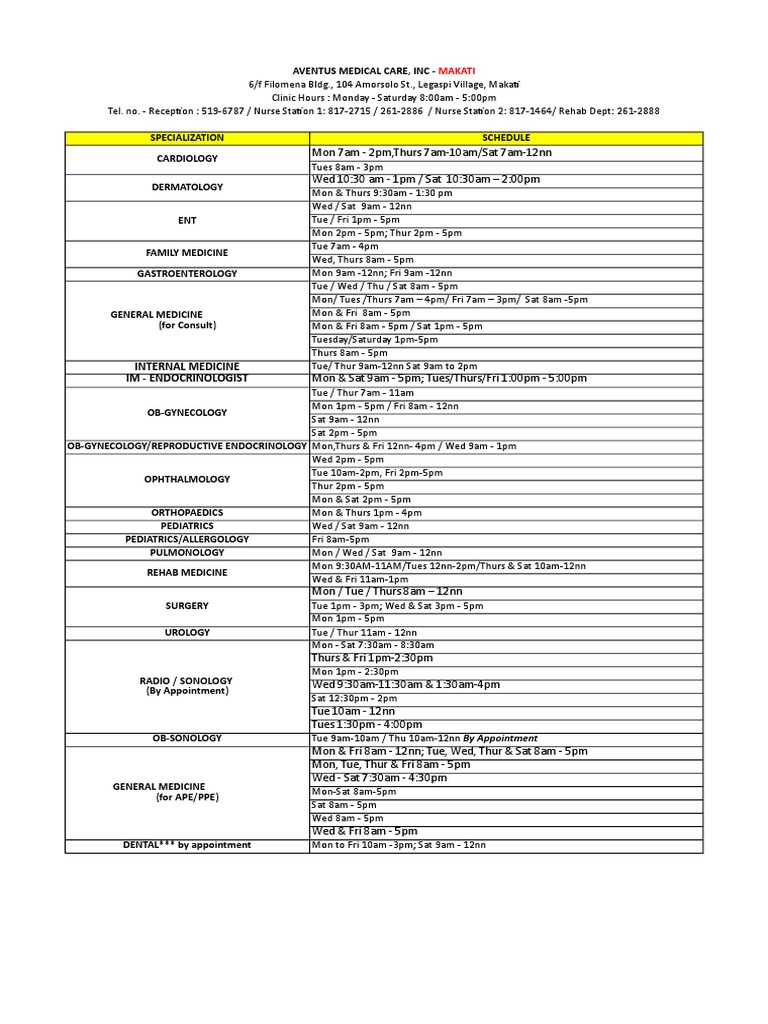 Aventus Medical Care Clinic Hours | PDF | Health Sciences | Medicine