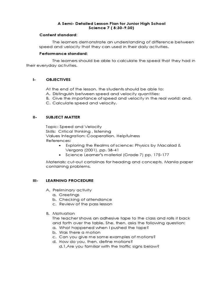 Lesson Plan in Science JHS | PDF | Speed | Velocity
