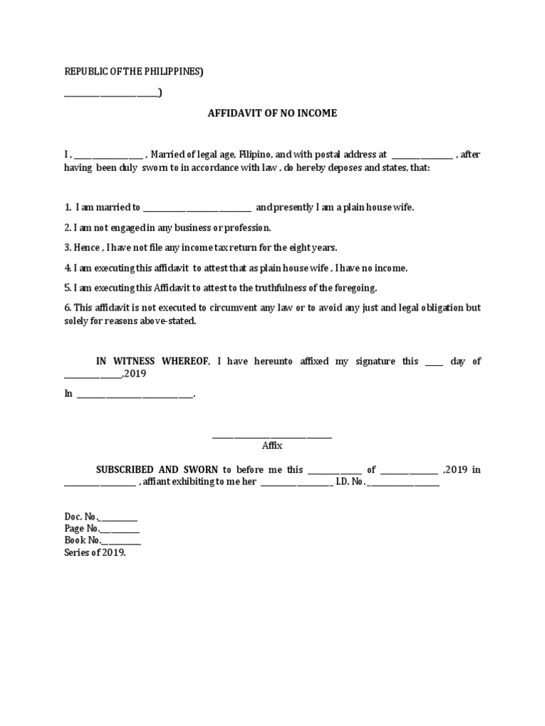 Affidavit of No Income: IN WITNESS WHEREOF, I Have Hereunto Affixed My ...