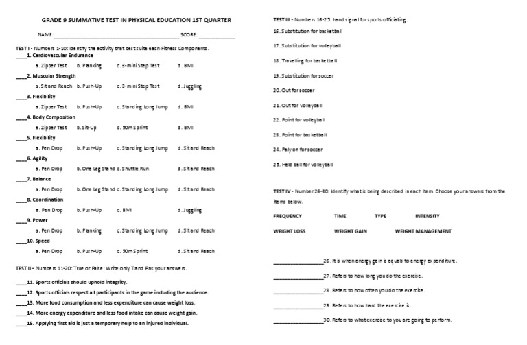 Grade 9 PE 1st Quarter Exam | PDF | Obesity | Physical Education
