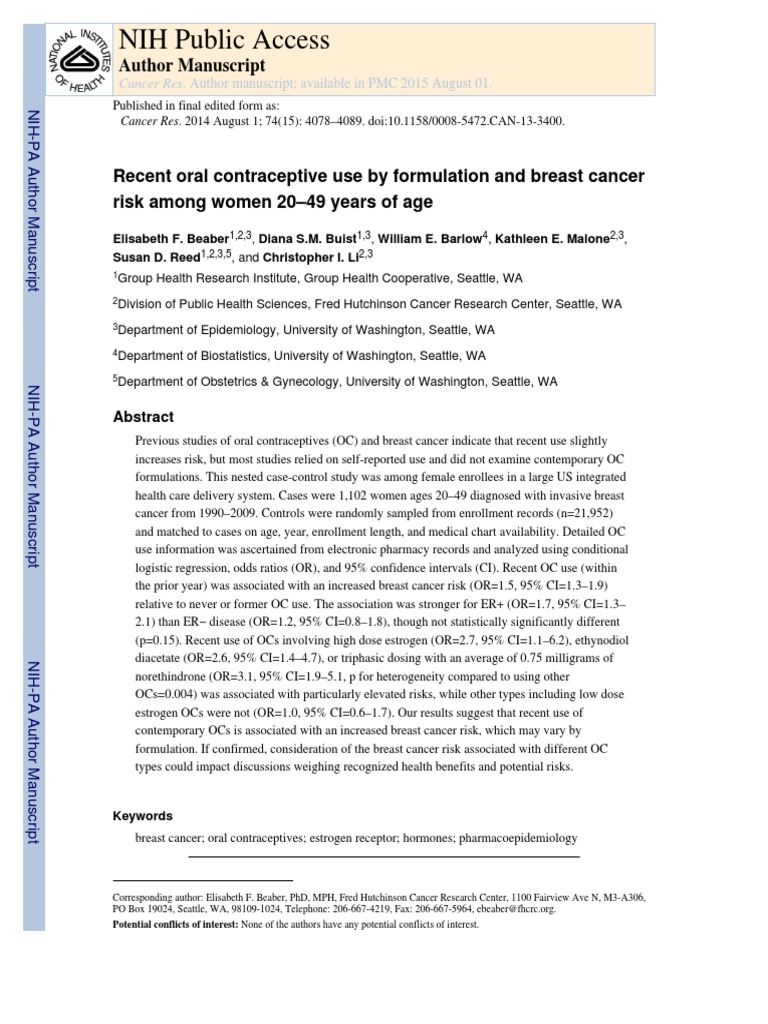 NIH Public Access: Recent Oral Contraceptive Use by Formulation and ...