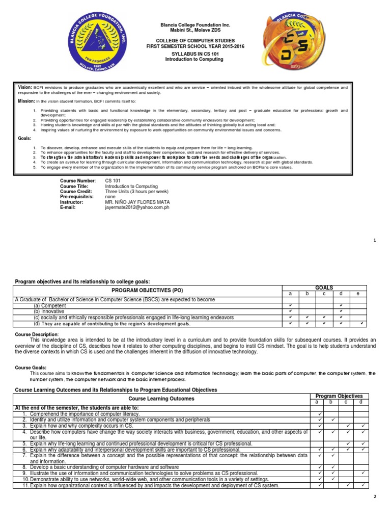 IT 101 Syllabus Obe | PDF | Computer Science | Input/Output